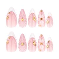 China Pink White Almond French Press On Nails Gold Star Pearl Glossy for sale
