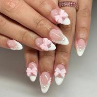 China Pink White Almond Custom Press On Nails 3D Bow Pearl Edge Glossy for sale