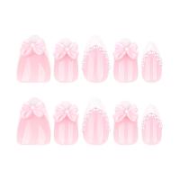 China Pink White Almond Custom Press On Nails 3D Bow Pearl Edge Glossy for sale