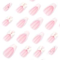 China Pink White Almond French Tip False Nails 3D Bow Pearl Glossy for sale