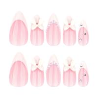 China Pink White Almond French Tip False Nails 3D Bow Pearl Glossy for sale