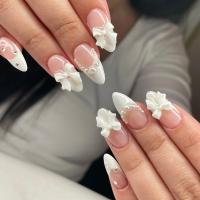 China Pink White Almond French Tip False Nails 3D Bow Pearl Glossy for sale
