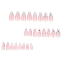 China Pink Ombre Almond 3D Press On Nails Flower Silver Rhinestone Fake Nails for sale
