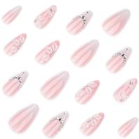 China Pink Ombre Almond 3D Press On Nails Flower Silver Rhinestone Fake Nails for sale