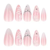 China Pink Ombre Almond 3D Press On Nails Flower Silver Rhinestone Fake Nails for sale