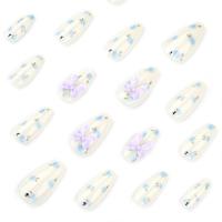 China FDA 3D Press On Nails Blue Flower Purple Bow Reusable White Almond Nails for sale