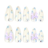 China FDA 3D Press On Nails Blue Flower Purple Bow Reusable White Almond Nails for sale