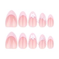 China Almond Pink French Tip False Nails 3D White Flower Pearl Glossy for sale
