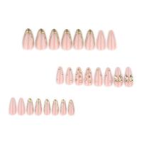 China Nude Pink Fake Nails With Rhinestones Gold Metal French Tip Rhinestone Fake Nails for sale