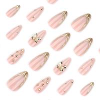 China Nude Pink Fake Nails With Rhinestones Gold Metal French Tip Rhinestone Fake Nails for sale