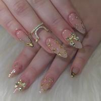 China Nude Pink Fake Nails With Rhinestones Gold Metal French Tip Rhinestone Fake Nails for sale