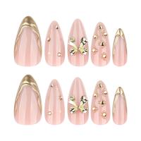China Nude Pink Fake Nails With Rhinestones Gold Metal French Tip Rhinestone Fake Nails for sale
