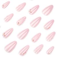 China 24pcs Light Pink Almond Nails 3D False Nails Shell Texture Pearl Bead Glossy for sale