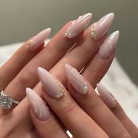 China 24pcs Light Pink Almond Nails 3D False Nails Shell Texture Pearl Bead Glossy for sale