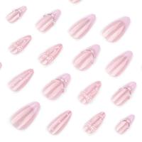 China Almond Cat Eye Fake Nails 3D Bow Pearl Chain Glitter Bright Pink Fake Nails for sale