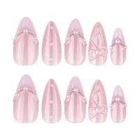 China Almond Cat Eye Fake Nails 3D Bow Pearl Chain Glitter Bright Pink Fake Nails for sale