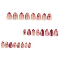China Wine Red French Tip Almond pattern Press On Nails Nude Floral Pearl Glossy for sale