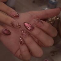 China Wine Red French Tip Almond pattern Press On Nails Nude Floral Pearl Glossy for sale