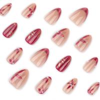 China Wine Red French Tip Almond pattern Press On Nails Nude Floral Pearl Glossy for sale
