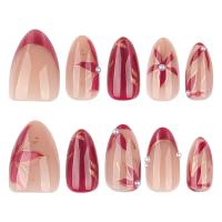 China Wine Red French Tip Almond pattern Press On Nails Nude Floral Pearl Glossy for sale
