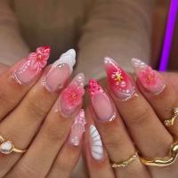 China Pink Sakura 3D Press On Nails Ombre Gradient Pearl Starfish For Summer Manicure for sale