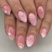 China Flower Pink Ombre 3D False Nails Gold Chain Pearl Almond Glossy Jelly Manicure for sale