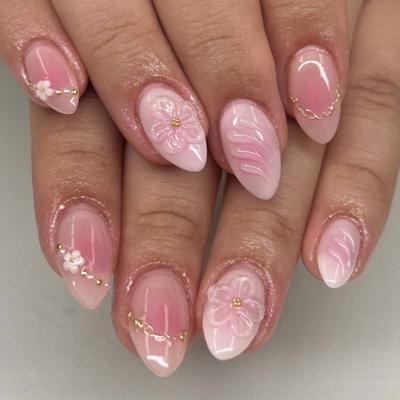 China Flower Pink Ombre 3D False Nails Gold Chain Pearl Almond Glossy Jelly Manicure for sale