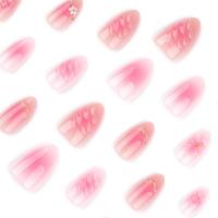 China Flower Pink Ombre 3D False Nails Gold Chain Pearl Almond Glossy Jelly Manicure for sale