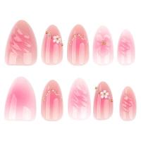 China Flower Pink Ombre 3D False Nails Gold Chain Pearl Almond Glossy Jelly Manicure for sale