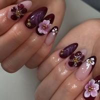 China Embossed Flower 3D Press On Nails Purple Almond Vintage Golden Bead Decor for sale