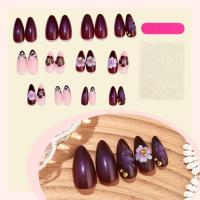 China Embossed Flower 3D Press On Nails Purple Almond Vintage Golden Bead Decor for sale