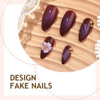 China Embossed Flower 3D Press On Nails Purple Almond Vintage Golden Bead Decor for sale