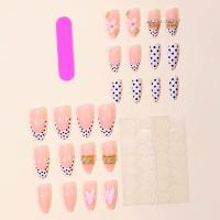 China Pink Flower 3D Press On Nails Polka Dot Almond Gold Rhinestone Chain Decor for sale