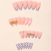 China Pink Flower 3D Press On Nails Polka Dot Almond Gold Rhinestone Chain Decor for sale