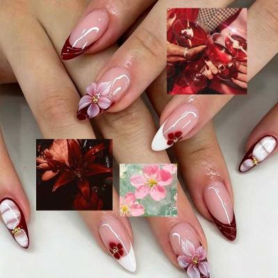 China Red French 3D Fake Nails Flower Gold Bead Decor Medium Coffin Manicure Tips for sale