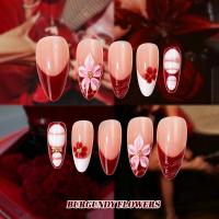 China Red French 3D Fake Nails Flower Gold Bead Decor Medium Coffin Manicure Tips for sale