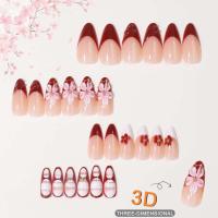 China Red French 3D Fake Nails Flower Gold Bead Decor Medium Coffin Manicure Tips for sale