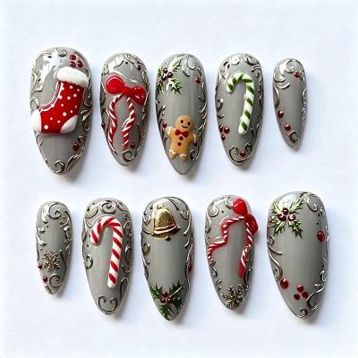 China Medium 3d Design Christmas Holiday Press On Nails Almond Safe For Nail for sale