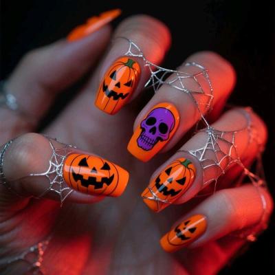 China Wholesale Gothic Halloween Fake Nails Skull Blood Drip Design Reusable for sale