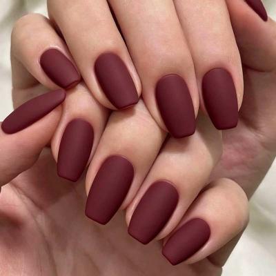 China Promotion Matte Dark Red Solid Color Press On Nails 4 Shapes for Daily Wear for sale