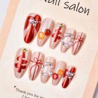 China Wholesale 3D Pearl Christmas Tree Holiday Fake Nails Almond Pink Glitter for sale