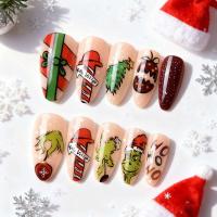 China Wholesale Hand Painted Grinch Christmas Holiday Press On Nails Almond Nude for sale