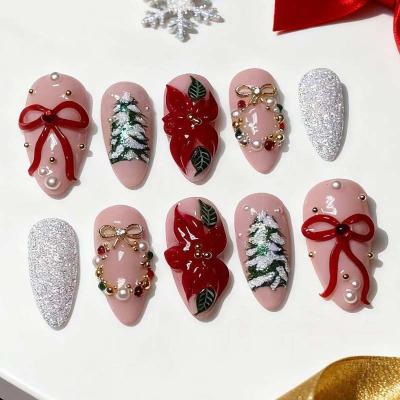 China Wholesale 3D Red Bow Christmas Holiday Press On Nails Almond Pink Snow Tree for sale