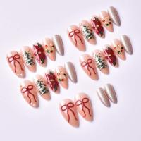 China Wholesale 3D Red Bow Christmas Holiday Press On Nails Almond Pink Snow Tree for sale