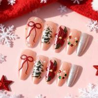 China Wholesale 3D Red Bow Christmas Holiday Press On Nails Almond Pink Snow Tree for sale