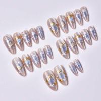 China Wholesale Gold Foil Shell Holiday Press On Nails Almond Nude Luxury Wedding for sale