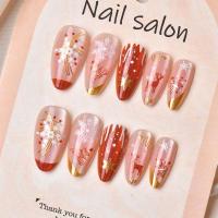 China Wholesale Snowflake Christmas Holiday Fake Nails Almond Pink Red Gold French for sale