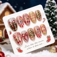 China Wholesale Gift Bow Christmas Holiday Fake Nails Almond Nude Candy Cane Tree for sale