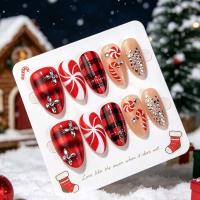China Wholesale Plaid Candy Cane Christmas Holiday Press On Nails Almond Red Rhinestone for sale