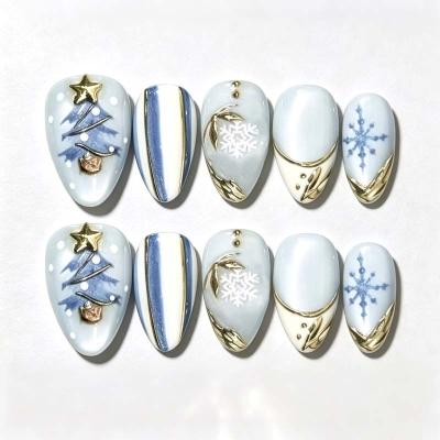 China Wholesale Blue Snowflake Christmas Holiday Press On Nails Almond White Gold Foil for sale
